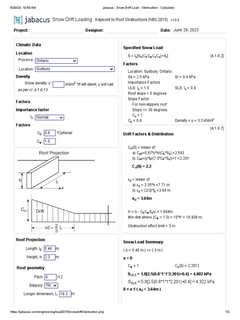 Jabacus - Snow Drift Load - Obstruction - Calculator - RTU 3&4 | PDF