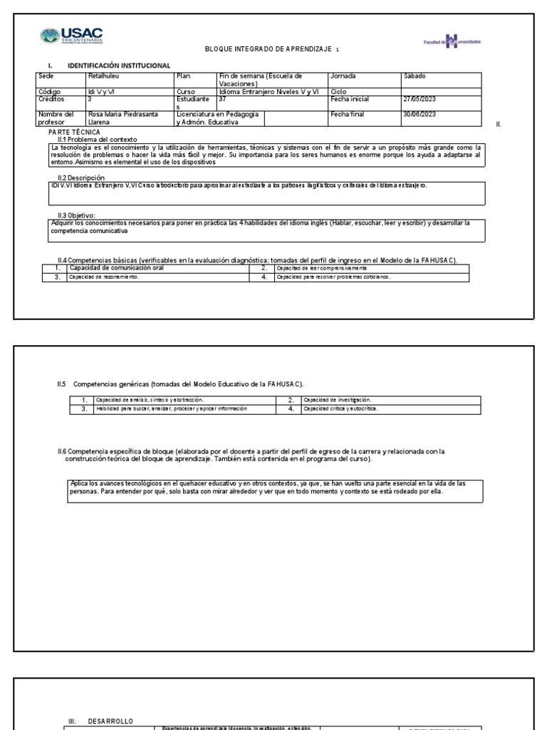 Bloque Integrado de Aprendizaje 1 Idi V, Vi Licenciatura en Ped, y ...