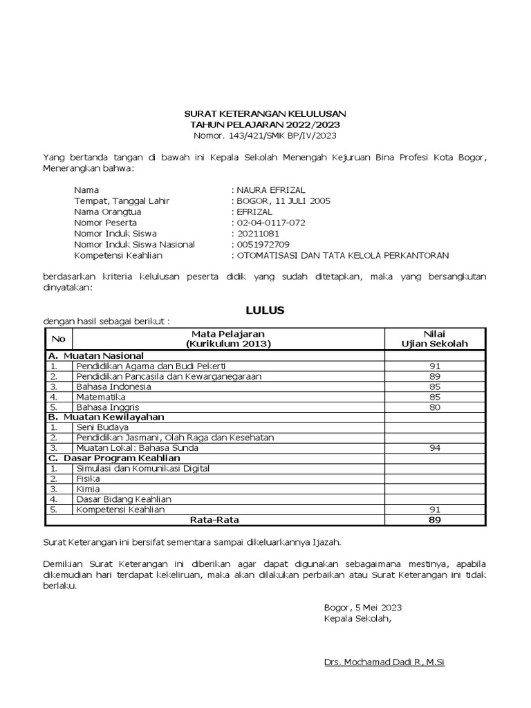 Surat Keterangan Kelulusan | PDF Surat Keterangan Kelulusan | PDF