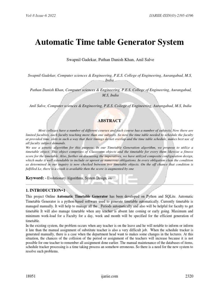 Automated Time Table Generator System Ijariie18951 Pdf Mathematical