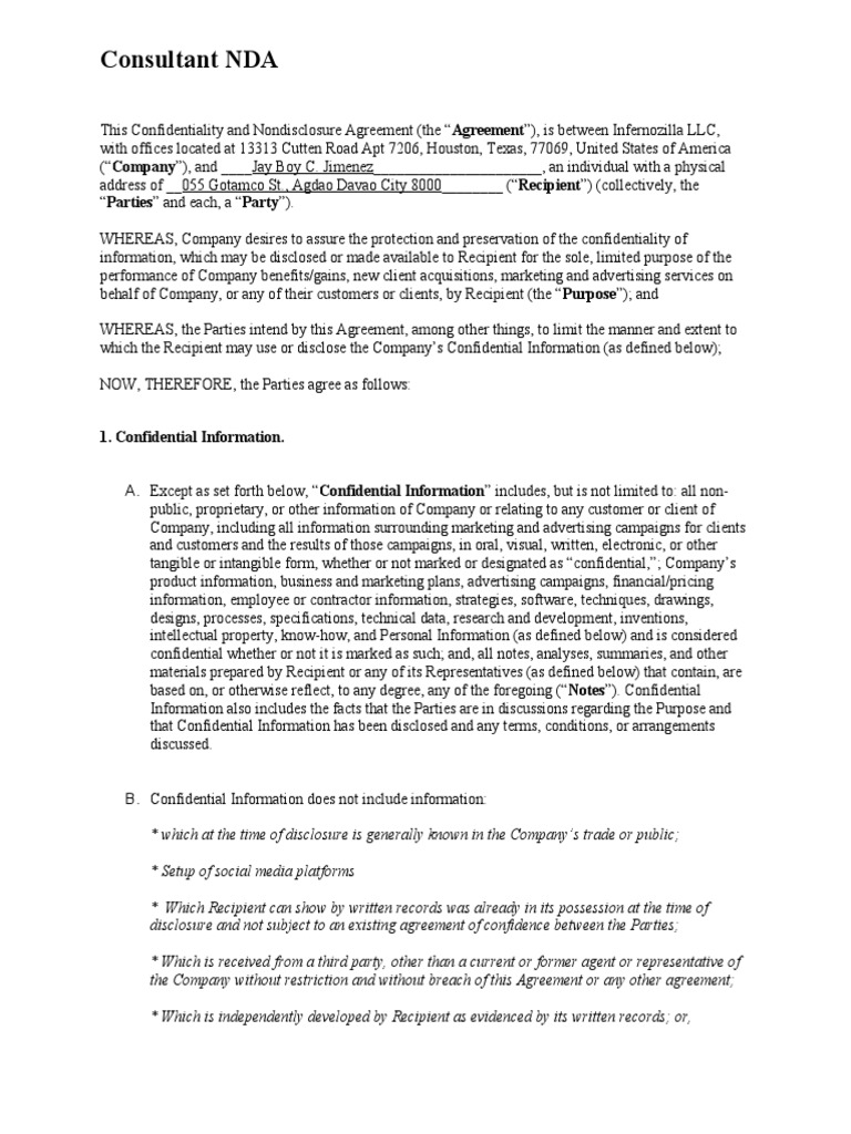 Consultant NDA | PDF | Indemnity | Non Disclosure Agreement