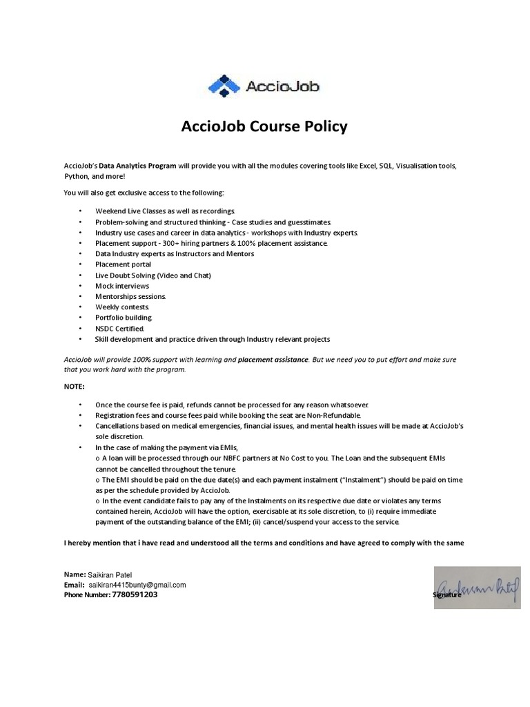 AccioJob Data Analytics Course Policy | PDF | Finance & Money Management