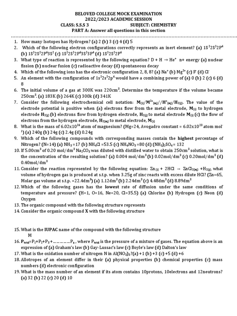 Chemistry Bamise Ss3 Mock Exam Pdf Excretion Mole Unit