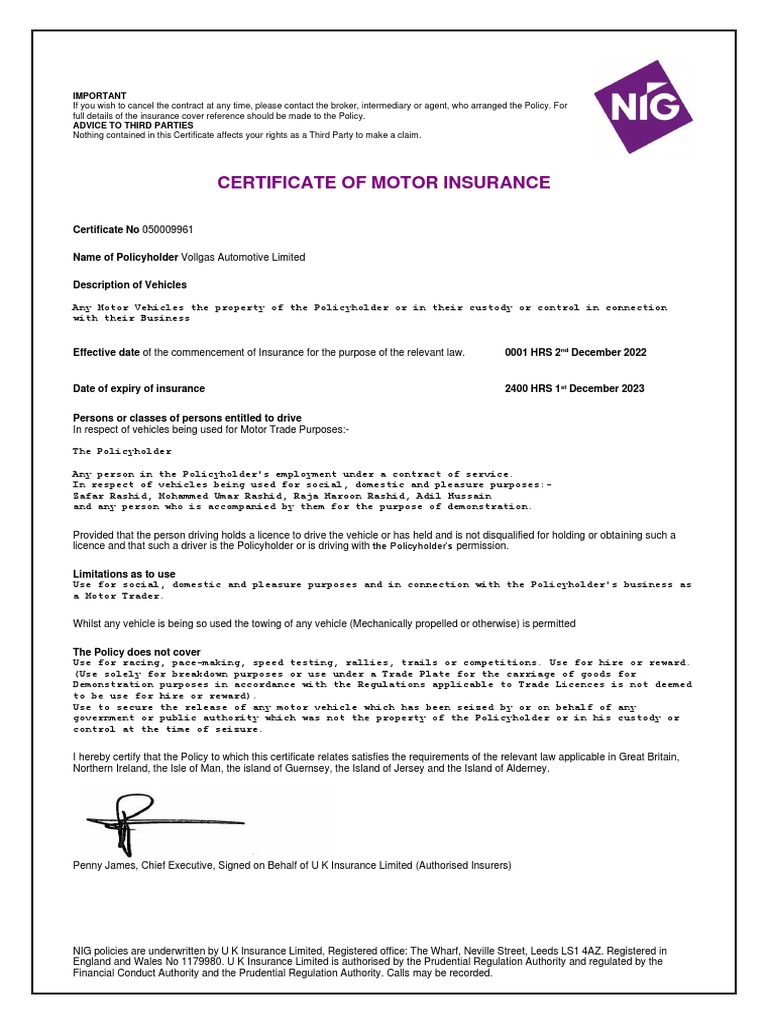 Certificate - NIG Motor Trade Combined Renewal Quote From NIG | PDF ...