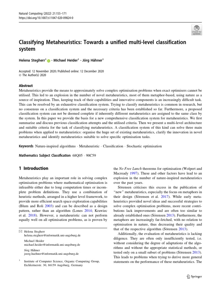 Classifying Metaheuristics Towards A Unified Multi Level Classification System Pdf