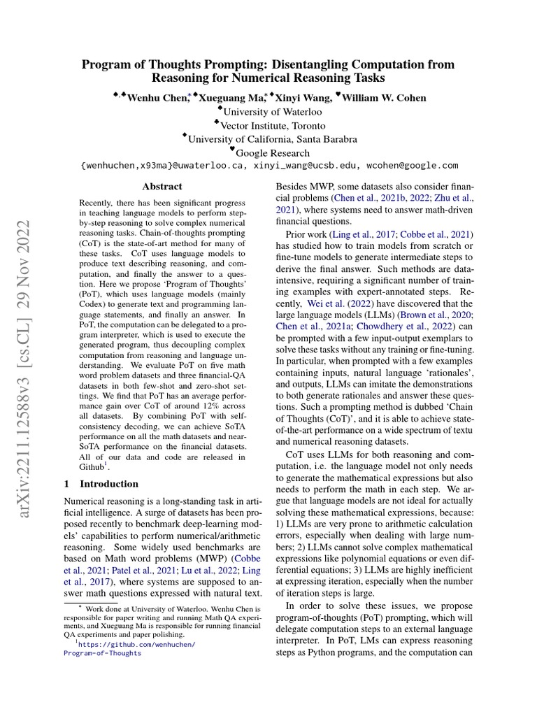 Program of Thoughts Prompting: Disentangling Computation From Reasoning ...