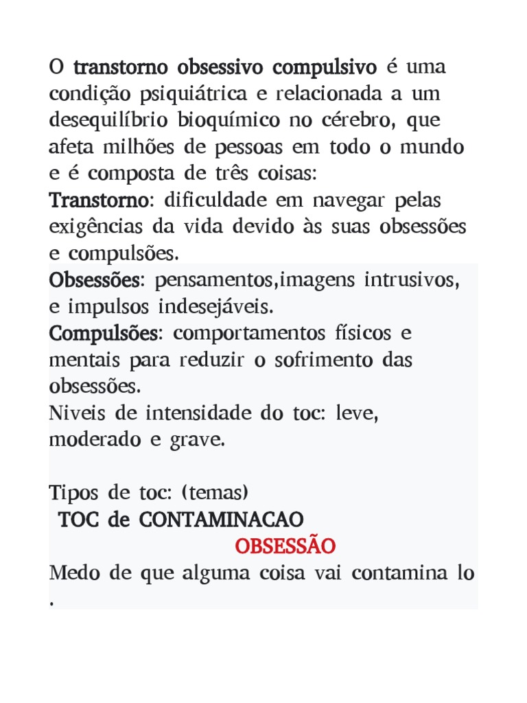 Tipos de TOC | PDF | Transtorno obsessivo compulsivo (TOC) | Pensamento