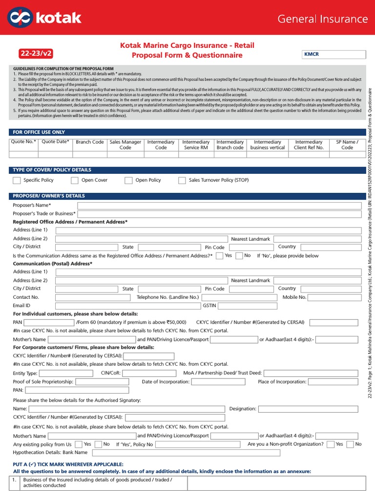 Kotak Marine Cargo Insurance Retail Proposal Form - Questionnaire | PDF ...