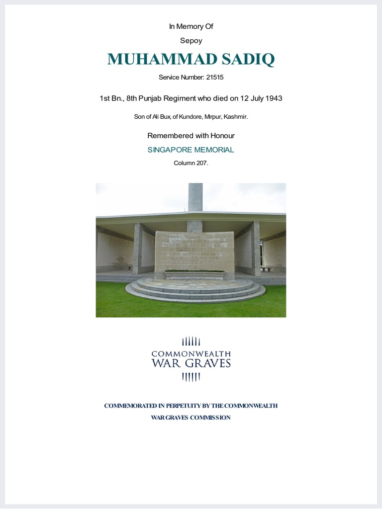 Sepoy Muhammad Sadiq - CWGC Certificate | PDF