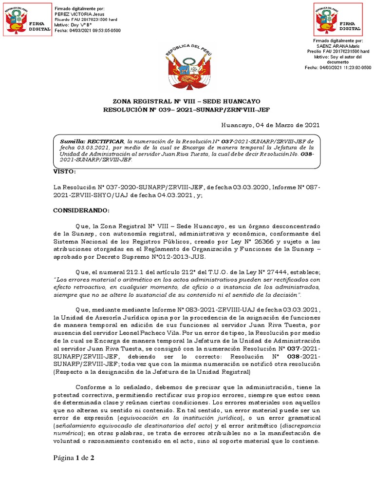 Resolución #039 - 2021 Rectificación de Error Material | PDF