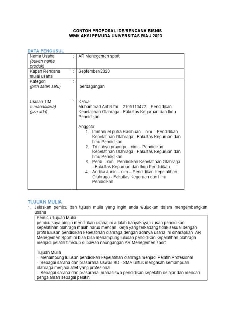 Template Proposal Ide Bisnis WMK 2023 | PDF