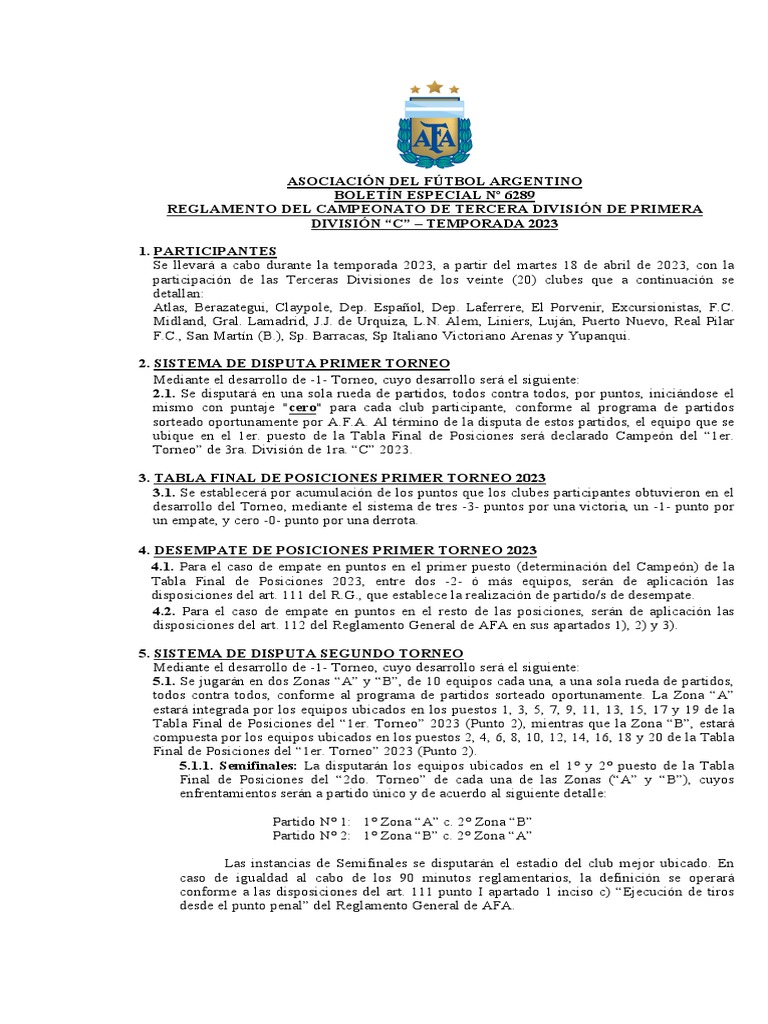 Reglamento Del Campeonato de Tercera de Primera División C 2023 | PDF ...