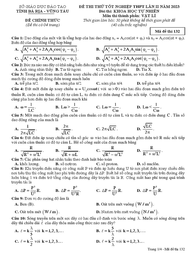 De Thi Thu Tot Nghiep THPT 2023 Mon Vat Li Lan 2 So GDDT Ba Ria Vung Tau | PDF
