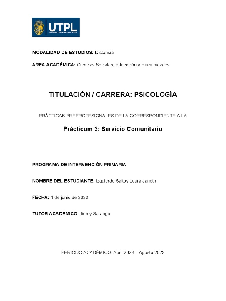 Entregable 8. Informe Del Programa de Intervención Primaria | PDF