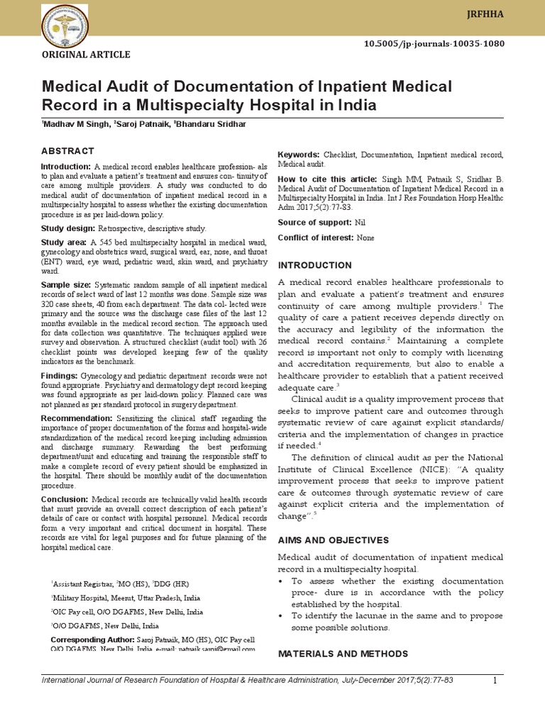 Medical Audit of Documentation of Inpatient Medical Record in A ...