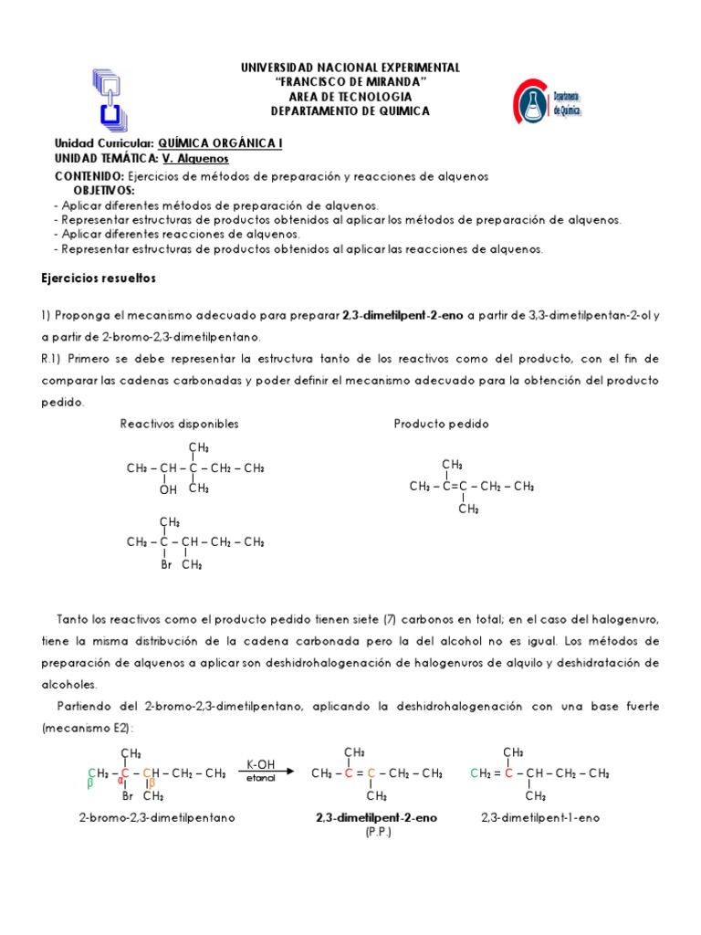 Ejercicios de Métodos de Preparación y Reacciones de Alquenos | PDF | Ciencias fisicas | Química ...