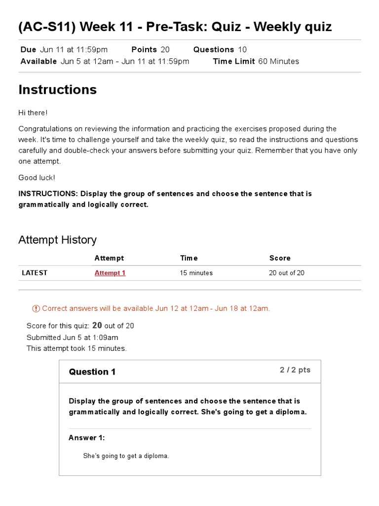 Week 11 Grammar Quiz Instructions | PDF