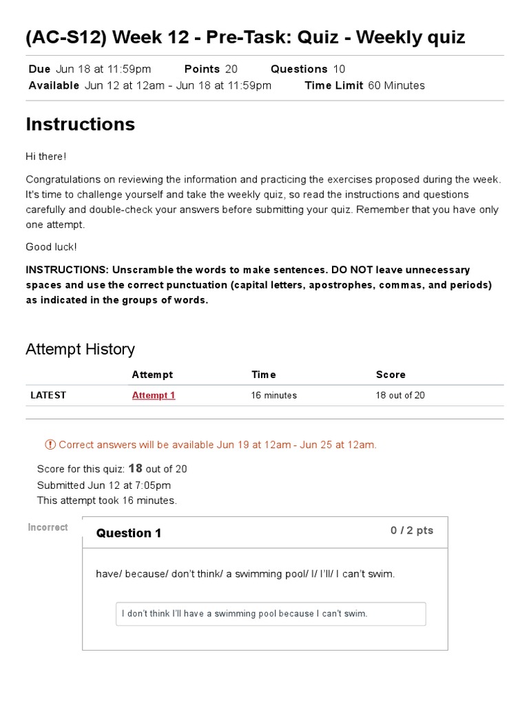 (AC-S12) Week 12 - Pre-Task - Quiz - Weekly Quiz - INGLES IV (6224) | PDF | Punctuation ...