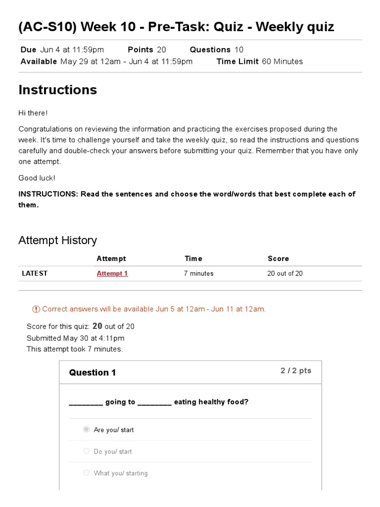 (AC-S10) Week 10 - Pre-Task - Quiz - Weekly Quiz - INGLES IV (6224) | PDF