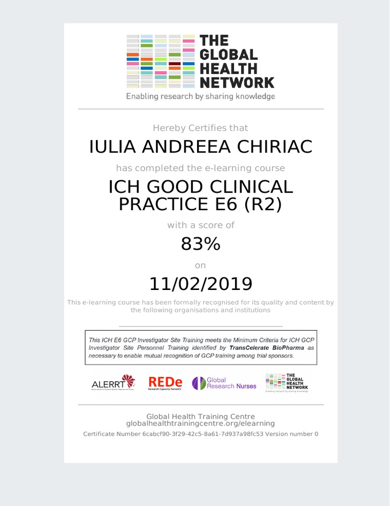 Iulia Andreea Chiriac Ich Good Clinical Practice E6 (R2) 83% 11/02/2019 ...