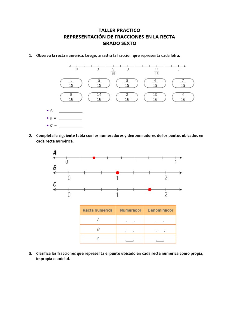 Taller de Fracciones en la Recta Numérica | PDF | Métodos y materiales ...