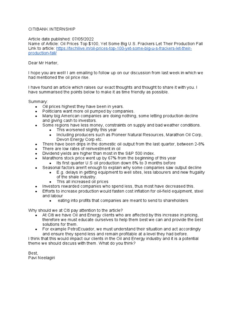 Citibank Internship | PDF | Price Of Oil | Prices
