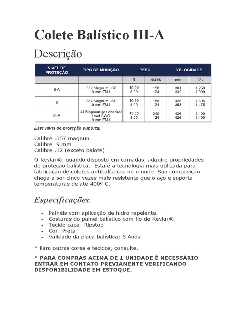 Colete Balístico III-A: Proteção e Compra | PDF | Direito | Tecnologia ...