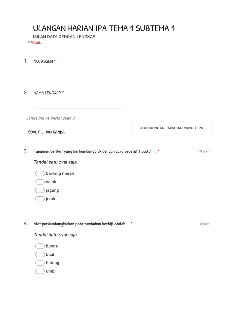 Ulangan Harian Ipa Tema 1 Subtema 1 | PDF