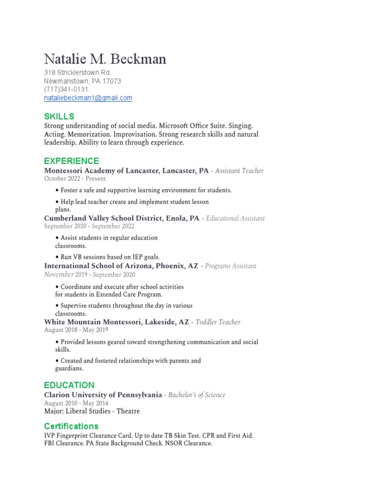 Natalie Beckman's Teaching Experience Resume | PDF