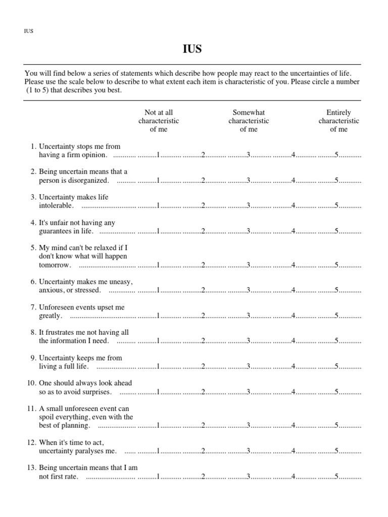 Intolerance of Uncertainty Scale | PDF | Psychology | Psychological ...