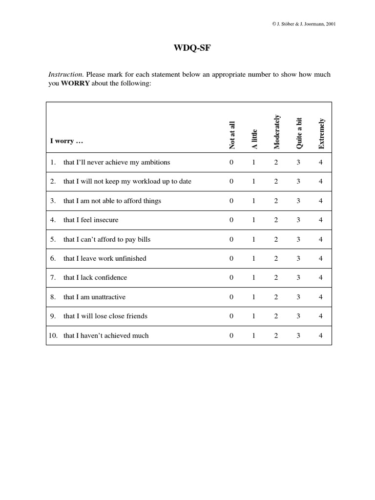 Worry Domains Questionnaire | PDF | Psychometrics | Psychological Testing