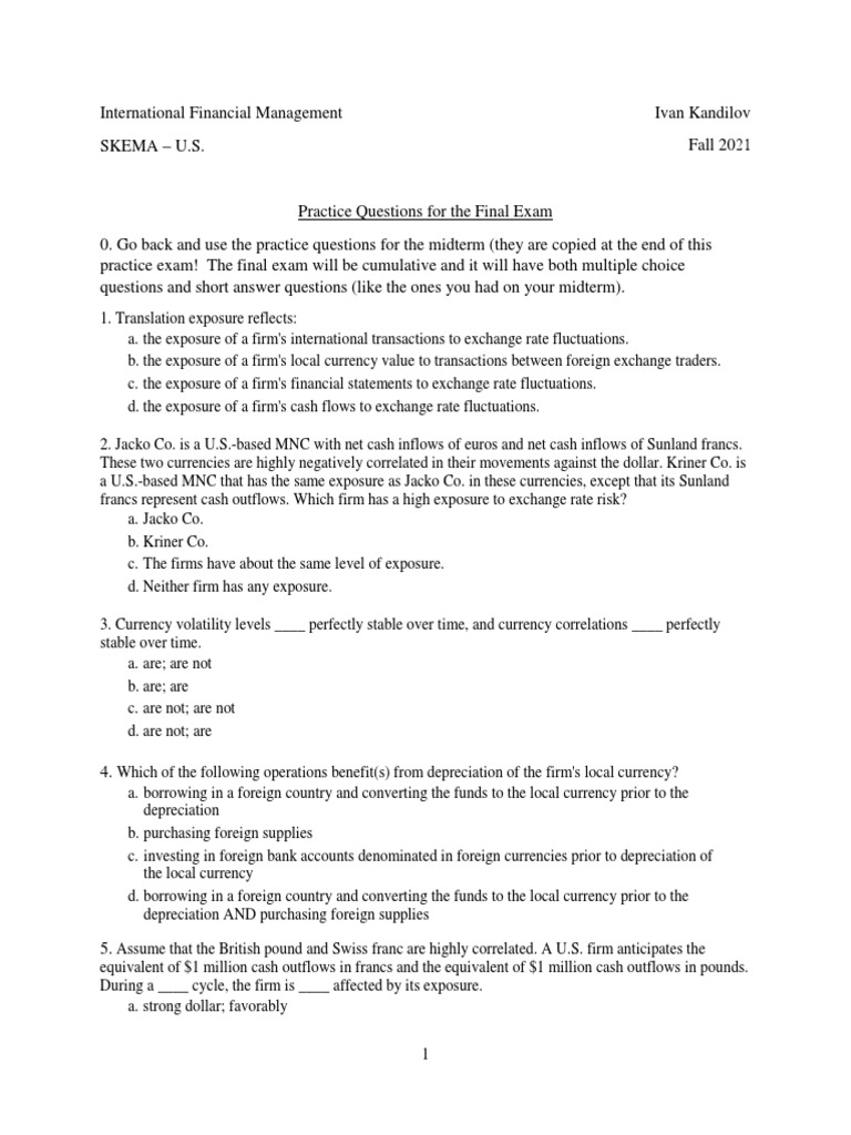 Final Exam Practice Questions | PDF | Exchange Rate | Currency ...