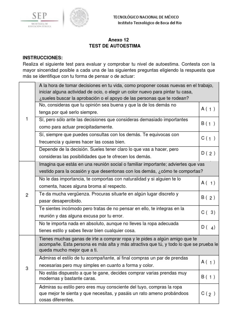 Test de Autoestima | PDF | Autoestima | Escuelas psicologicas