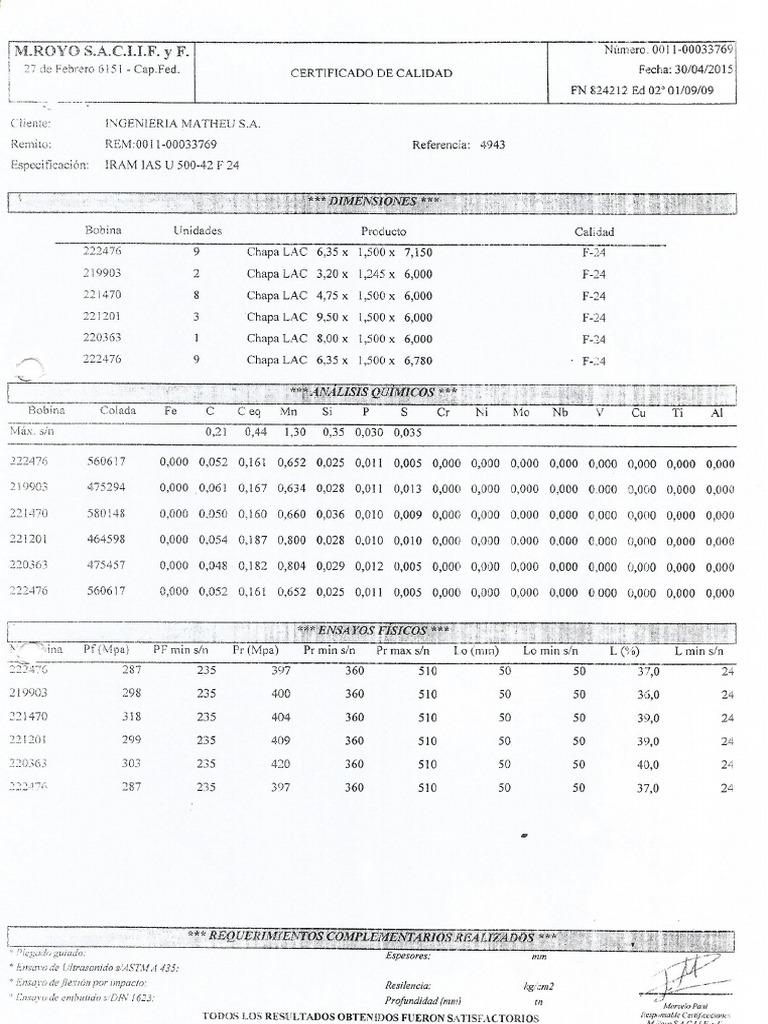 Certificado de Calidad Chapa 8 MM | PDF