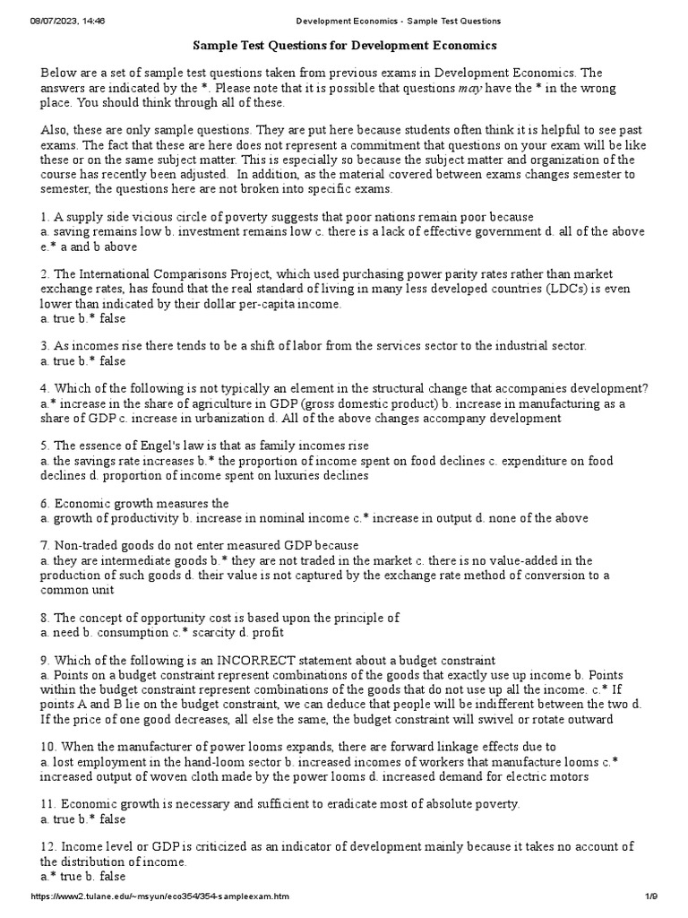 Development Economics - Sample Test Questions | PDF | Labour Economics ...