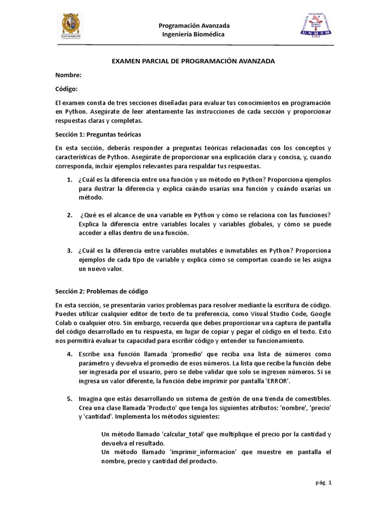 Examen Parcial Pdf Python Lenguaje De Programación Programación 1330