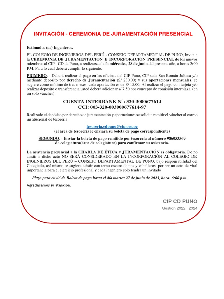 Invitación - Ceremonia de Juramentación Presencial | PDF | Finanzas y ...