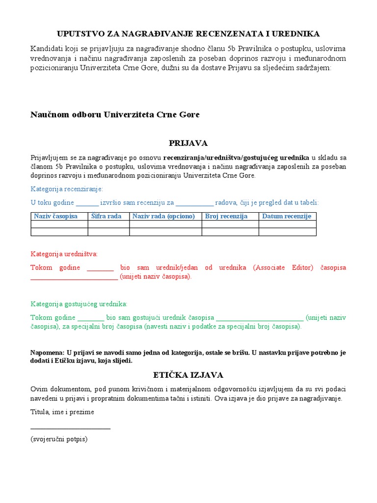 Uputstvo Za Nagrađivanje Recenzenata I Urednika | PDF