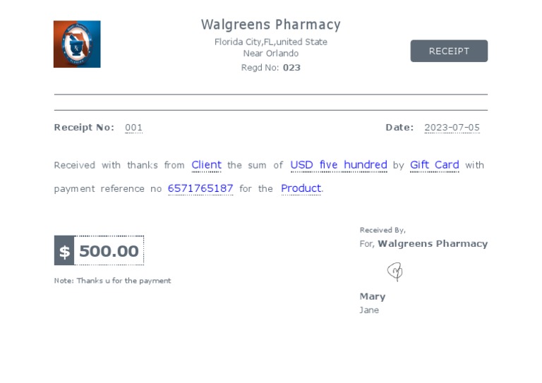 Walgreens Pharmacy Gift Card Receipt | PDF