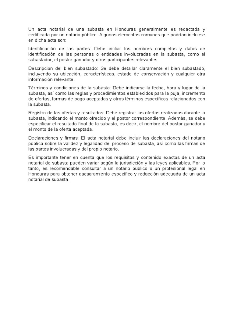 Un Acta Notarial de Una Subasta en Honduras Generalmente Es Redactada y ...