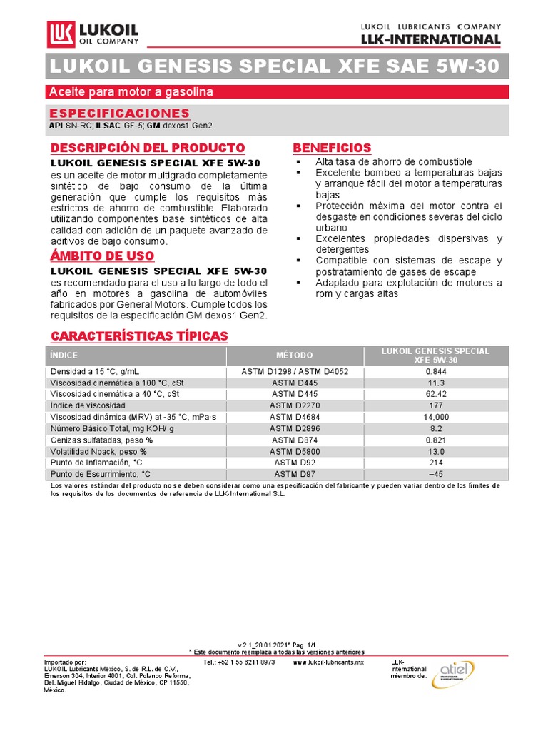 TDS_LUKOIL GENESIS SPECIAL XFE 5W-30_v.2.1_ESP | PDF | Aceite de motor ...
