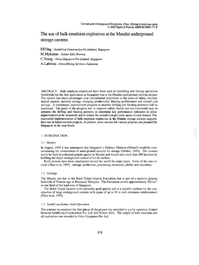 The Use of Bulk Emulsion Explosives at The Mandai Underground Storage ...