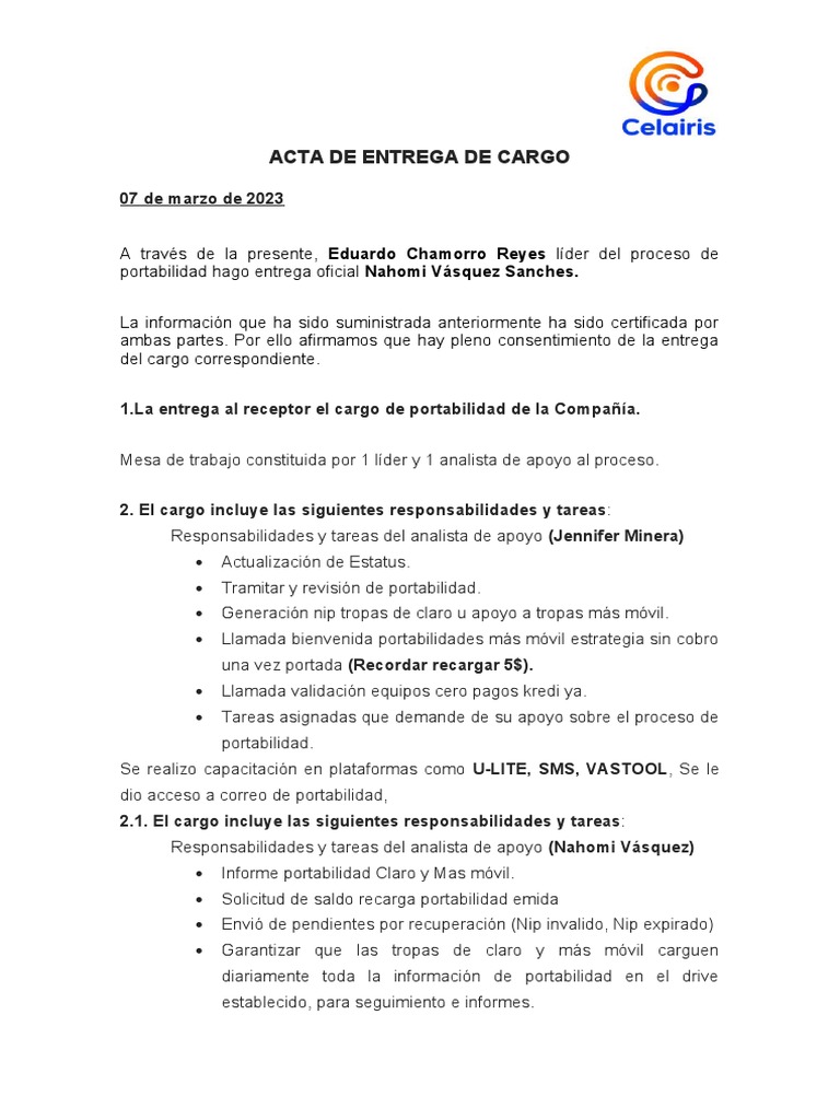 Acta de Entrega de Cargo | PDF