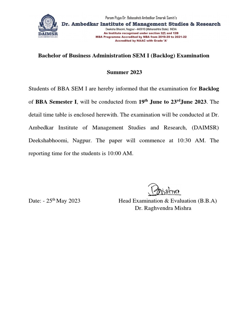 Revised BBA Sem I Exam Time Table | PDF