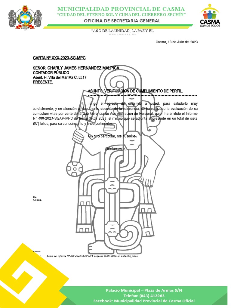 Oficina de Secretaria General: CARTA #XXX-2023-SG-MPC Charly James Hernandez Malpica | PDF