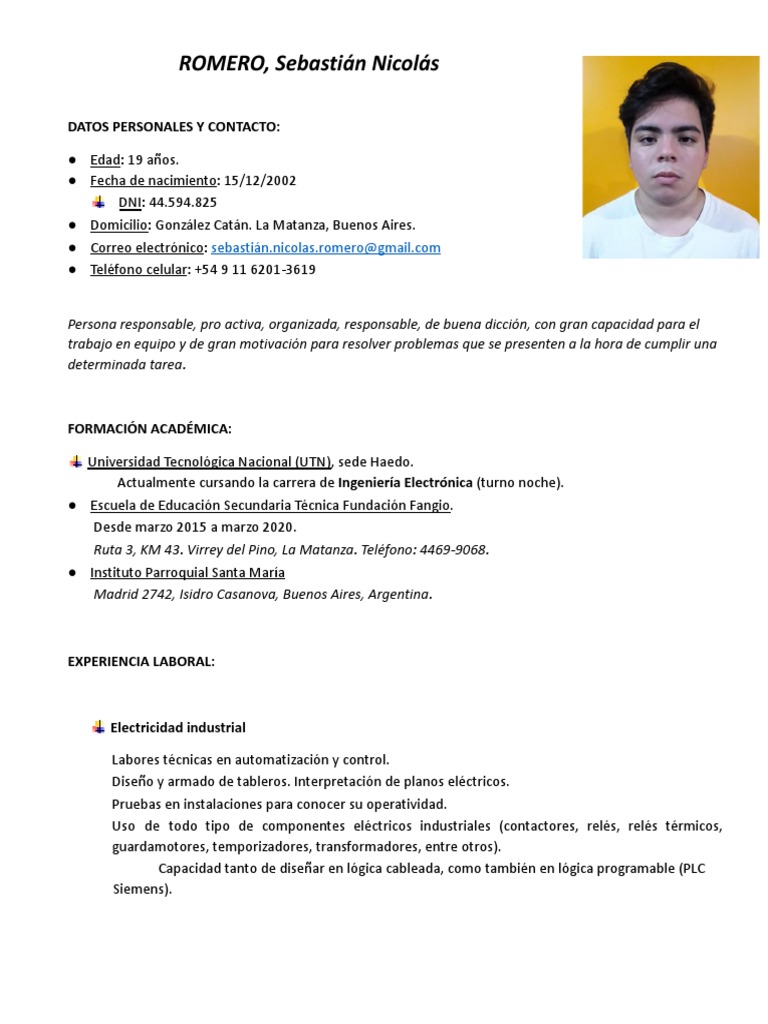 CV Romero, Sebastián | PDF | Automatización | Controlador lógico programable