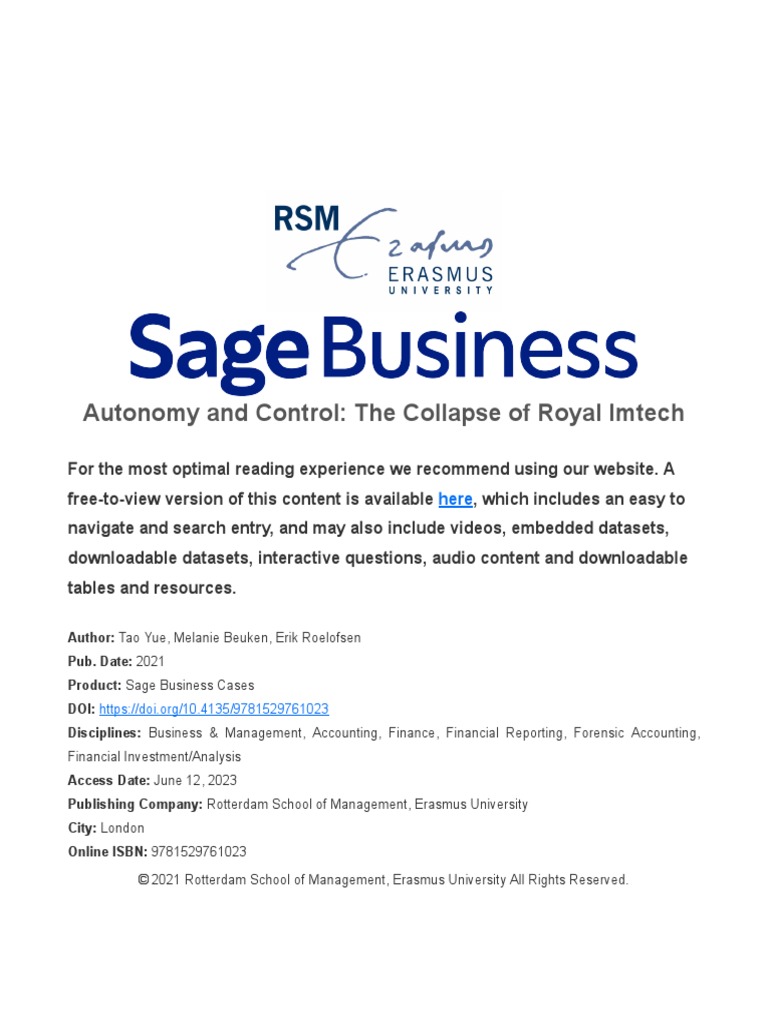 Autonomy and Control The Collapse of Royal Imtech | PDF | Risk Management | Risk