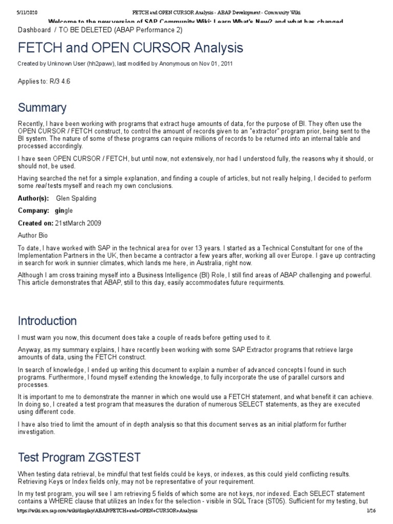 FETCH and OPEN CURSOR Analysis - ABAP Development - Community Wiki | PDF | Computer Program ...