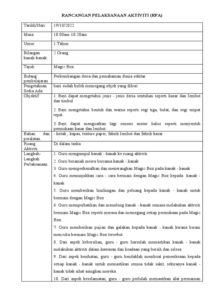 Rancangan Pelaksanaan Aktiviti (Rpa) | PDF | Kesehatan Holistik