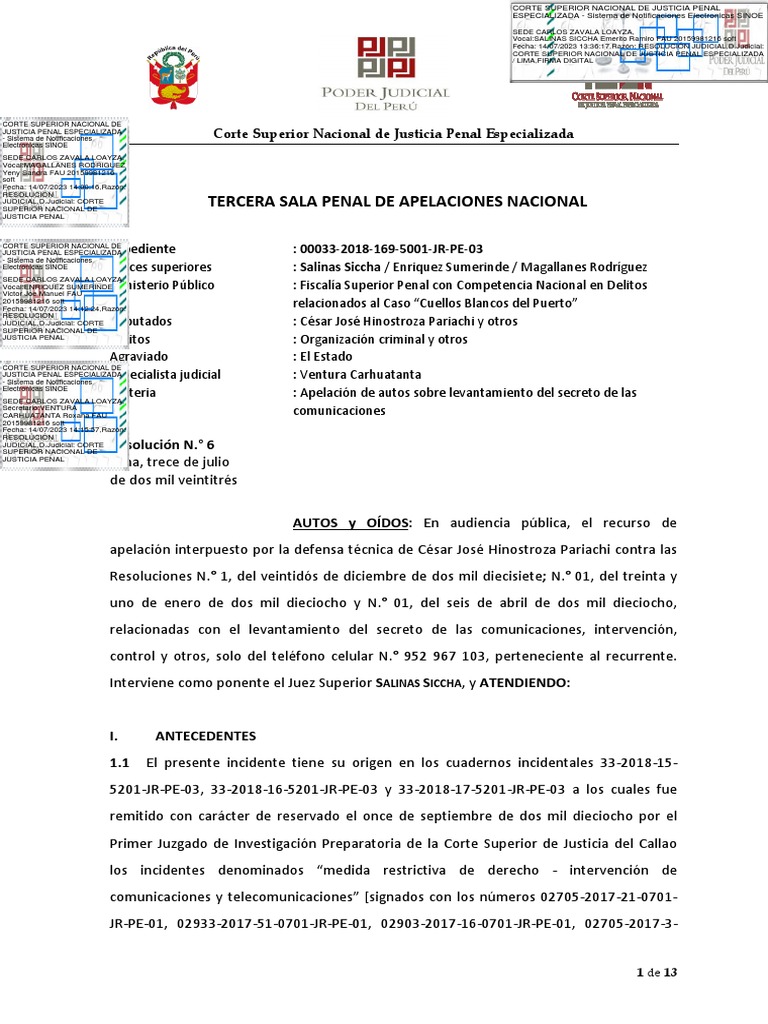 Resolución Sobre Levantamiento Del Secreto de Comunicaciones de César Hinostroza | PDF ...